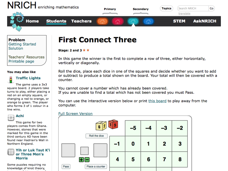 Direct Numbers Dice Game - MathsLinks