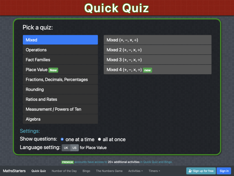 Quick Quiz - MathsLinks