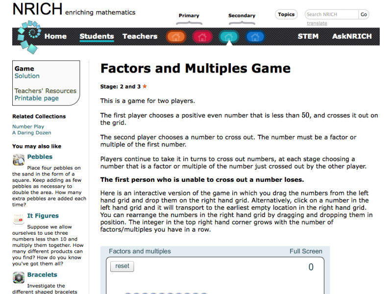 Factors and Multiples Game - MathsLinks