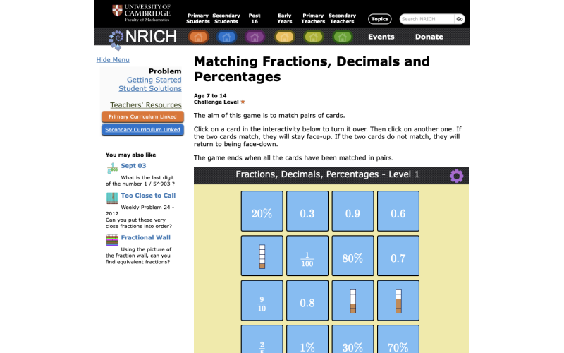 Matching Fractions, Decimals and Percentages - MathsLinks